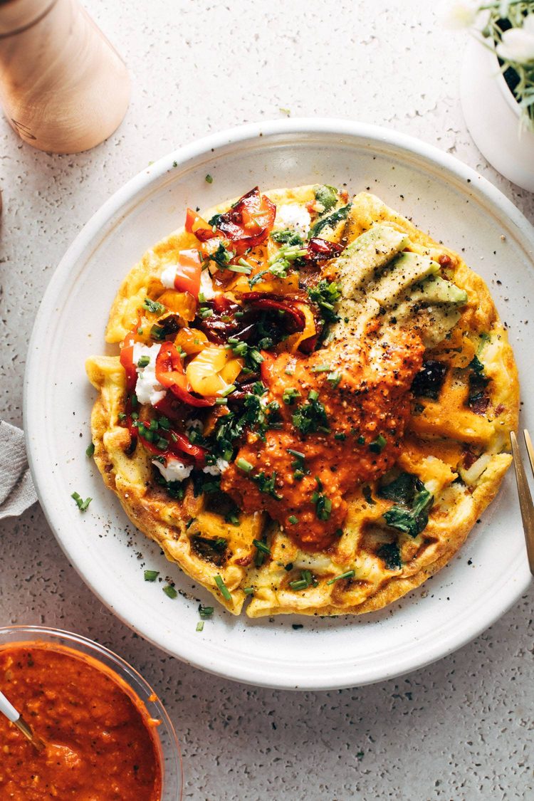 Egg Waffles with Romesco and Goat Cheese Recipe - Pinch of Yum