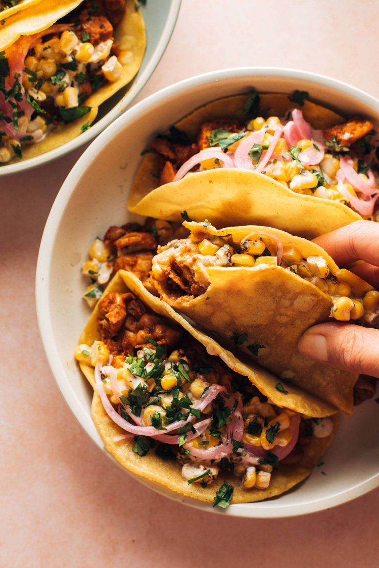 Red Chile Chicken Tacos with Creamy Corn Recipe - Pinch of Yum