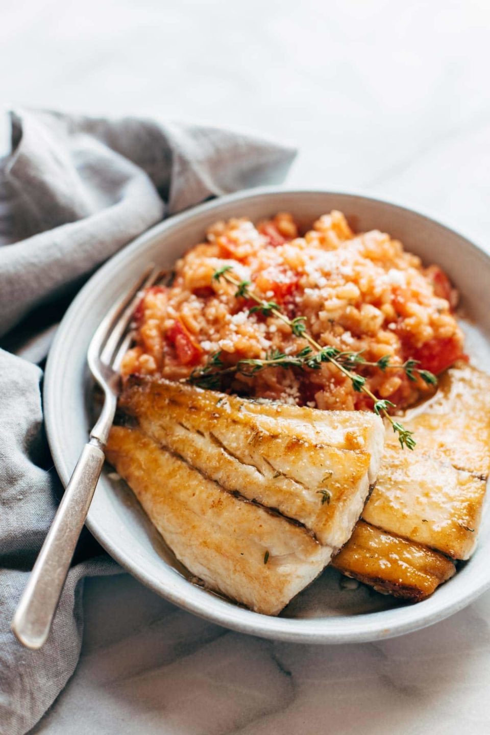 Creamy Tomato Risotto with Pan Fried Barramundi Recipe - Pinch of Yum