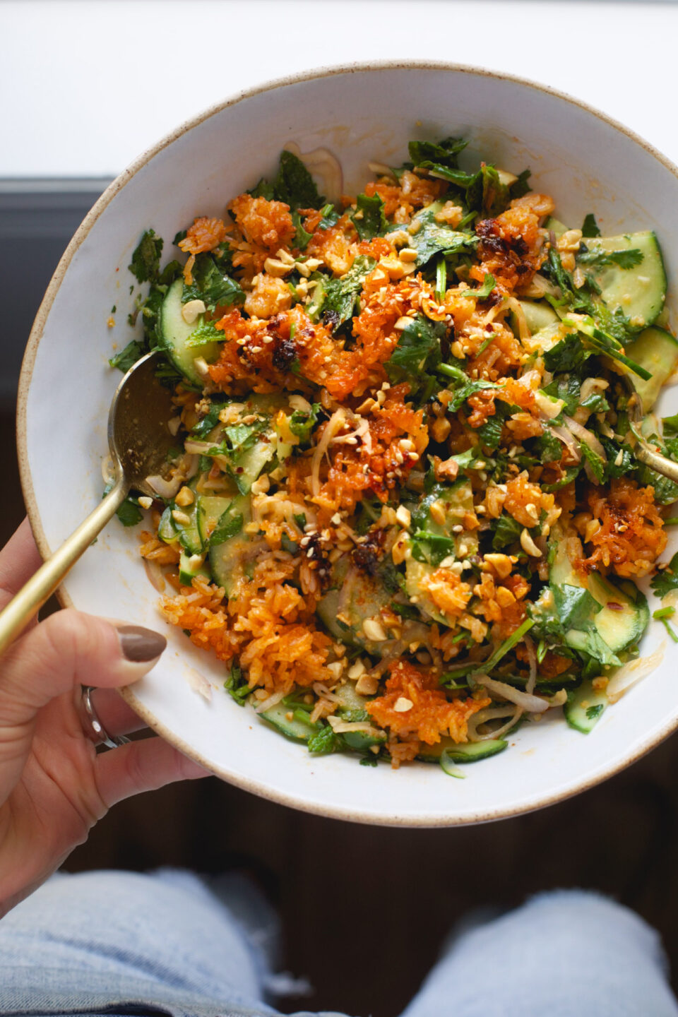 Crispy Rice Salad with Cucumbers and Herbs Recipe - Pinch of Yum
