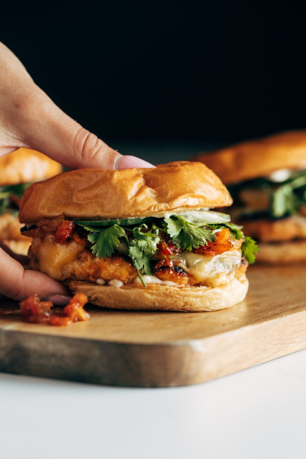Gochujang Chicken Burgers with Kimchi Bacon Jam Recipe - Pinch of Yum