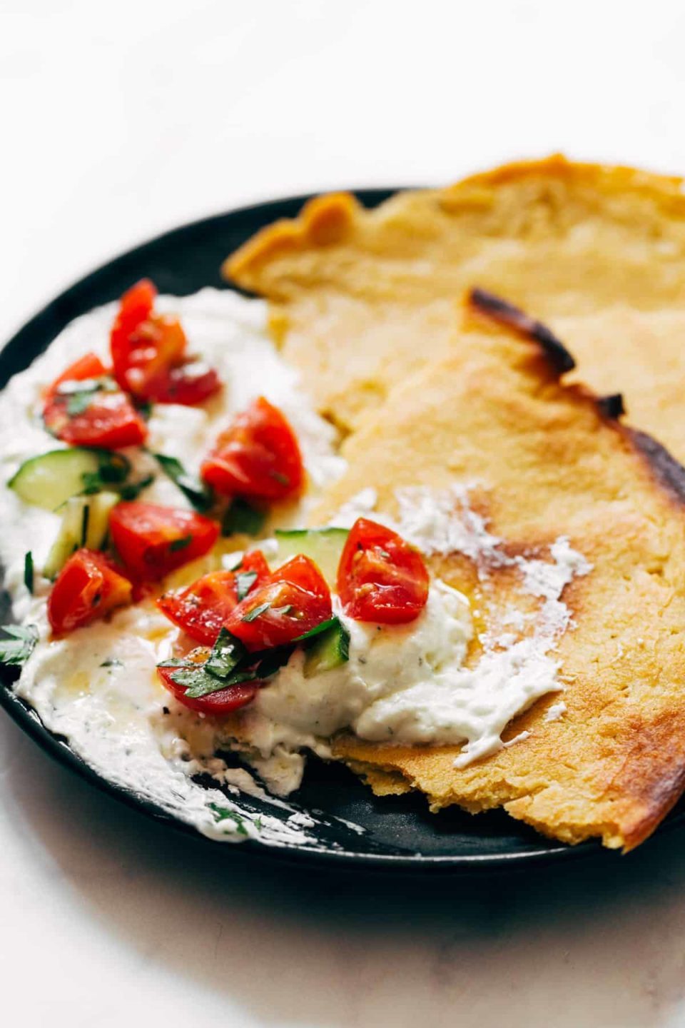 Socca with Whipped Feta and Tomato Salad Recipe - Pinch of Yum