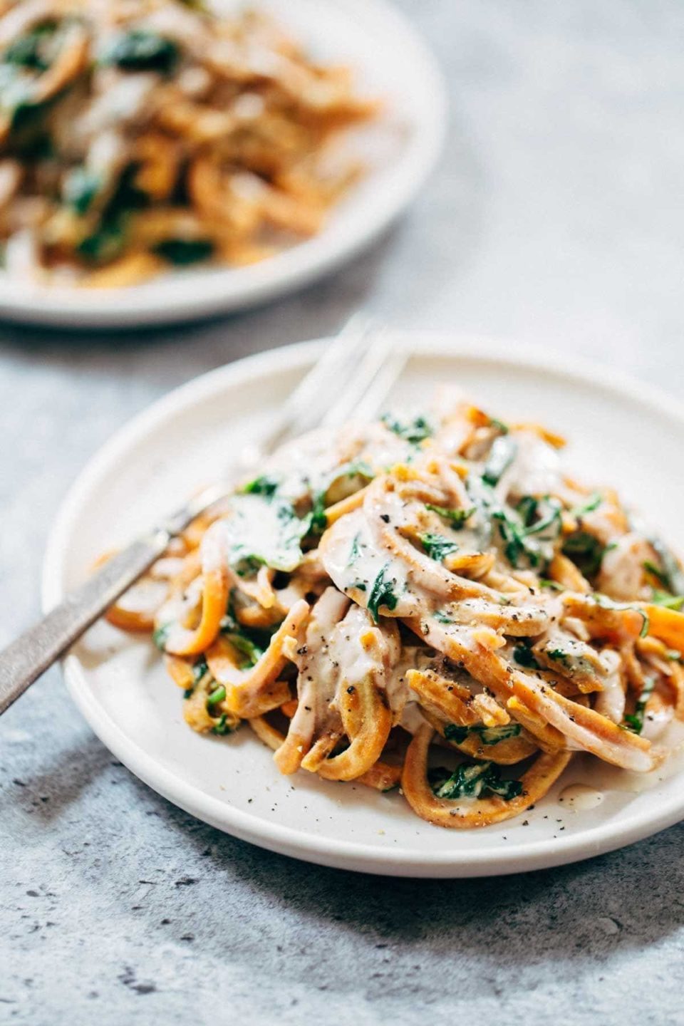 Creamy Spinach Sweet Potato Noodles with Cashew Sauce Recipe - Pinch of Yum