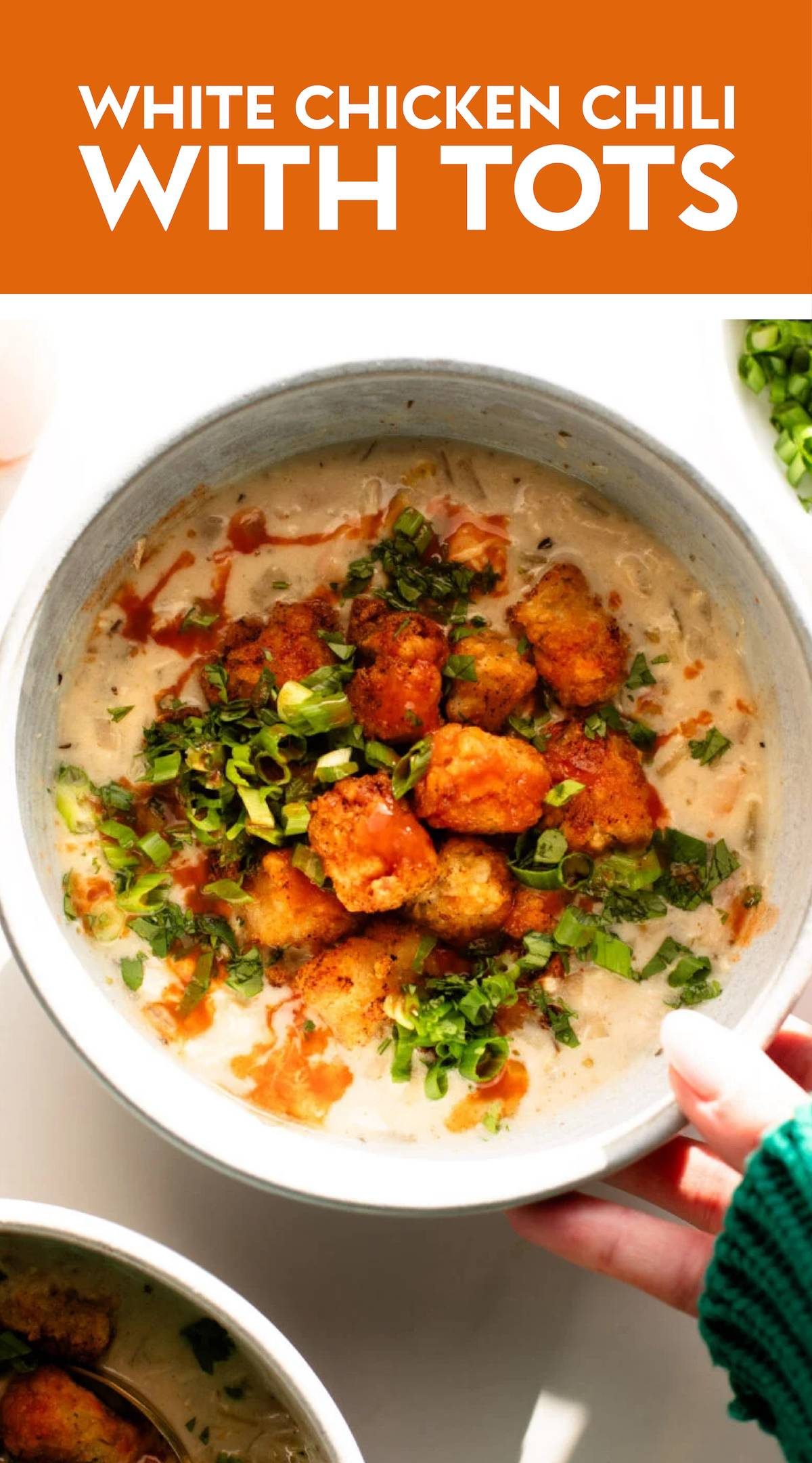 Super Creamy White Chicken Chili with Seasoned Tots Recipe - Pinch of Yum